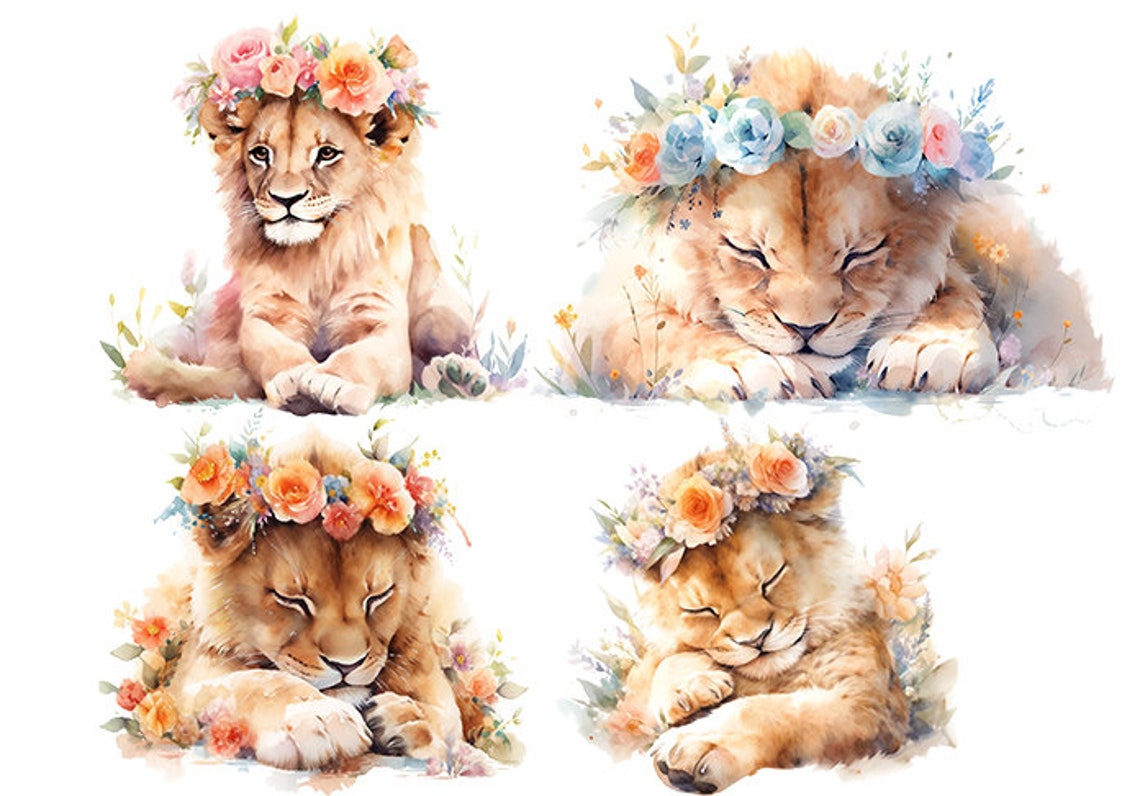 Lion Clipart Watercolor Baby Lion Clipart Flowers Lion Clipart - Etsy