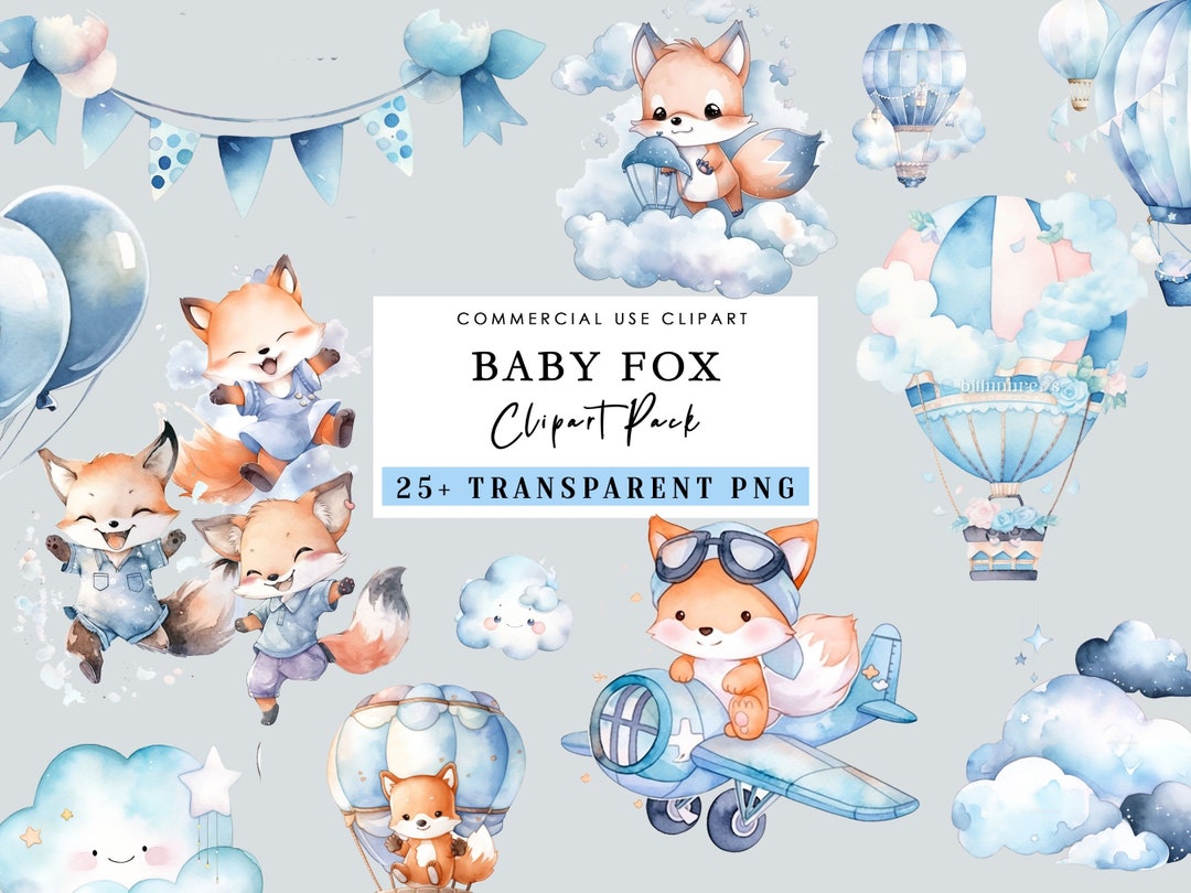 Watercolor Baby Fox Clipart Pack, Baby Shower for a Boy, Commercial Use ...