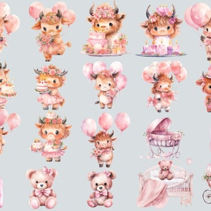 Highland Cow Baby Shower, Watercolor Clipart,pink Baby Shower, Newborn ...