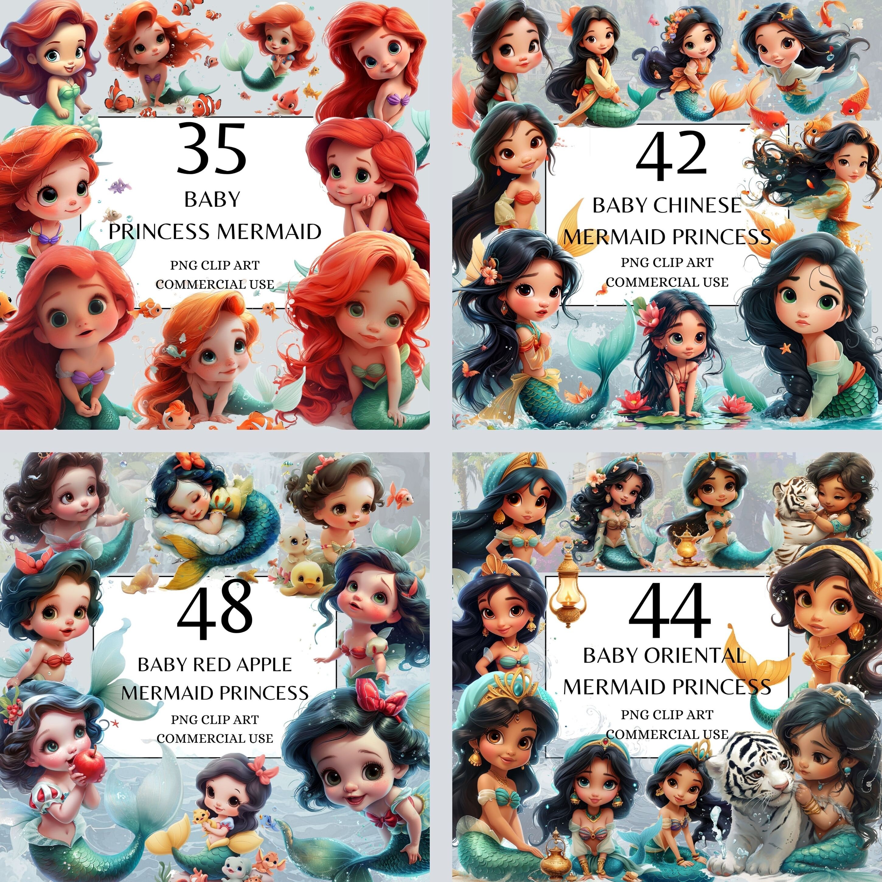 Baby Mermaid Princess Clipart Megapack of 520+ PNG, Watercolor ...