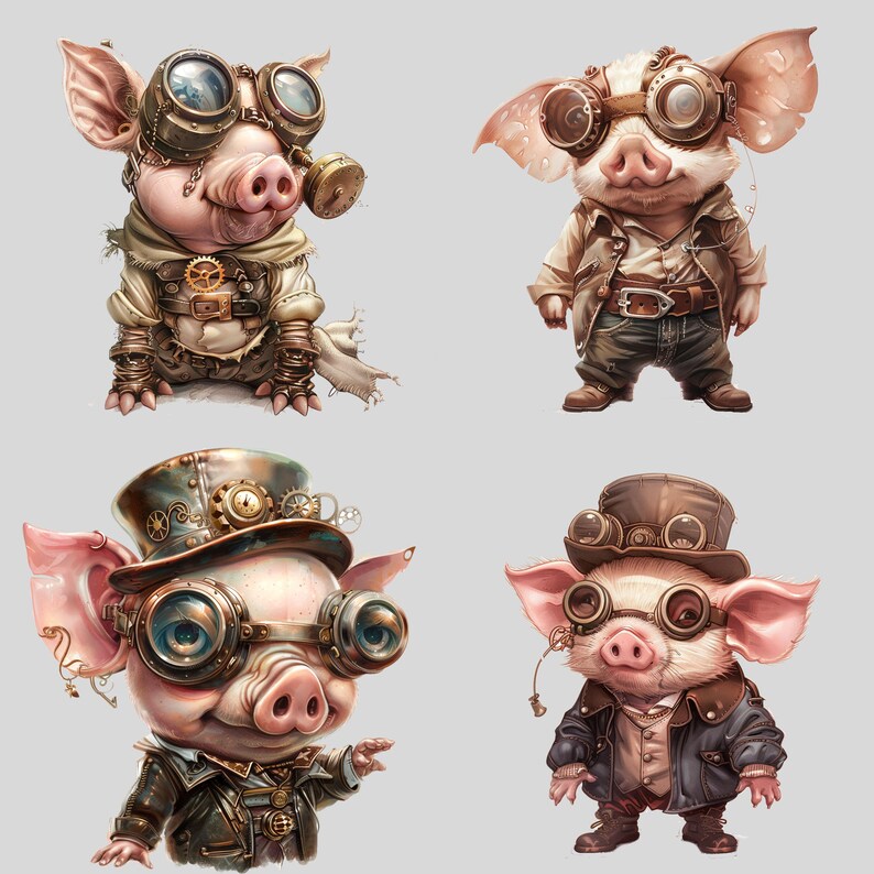 Steampunk Pigs Watercolor Clipart Bundle - 34 PNG Mechanical Pigglet ...