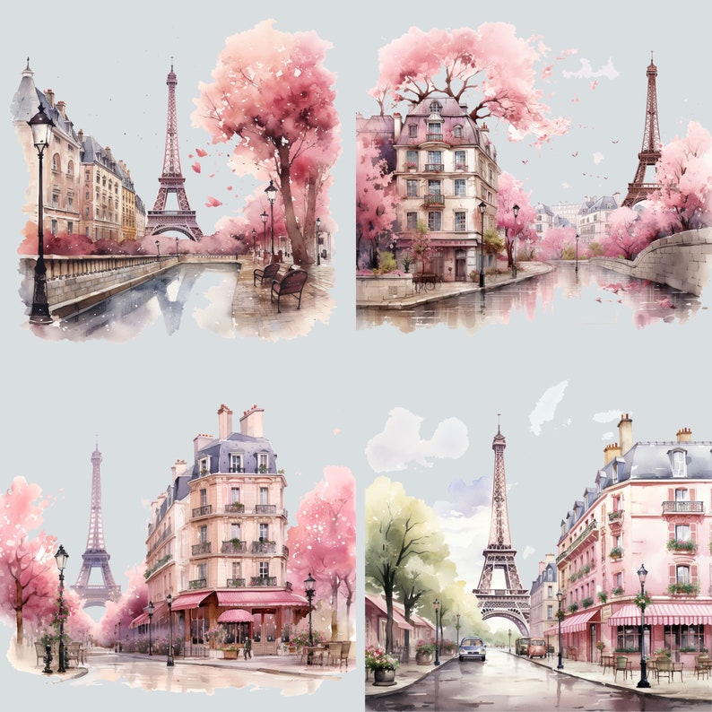 Pink Paris Clipart, PNG Watercolor Romantic Paris Clipart, French ...