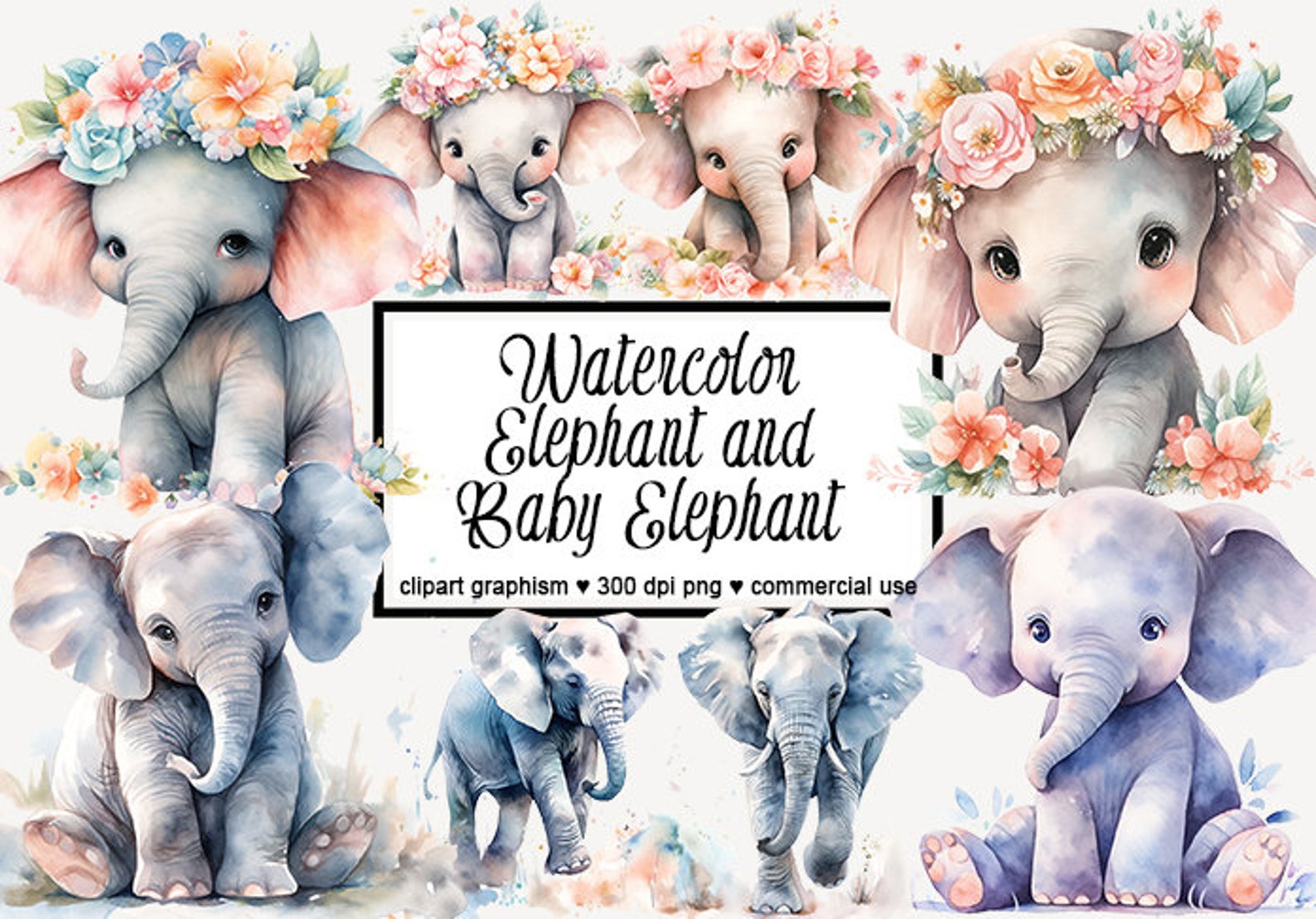 Baby Elephant Clipart Watercolor Baby Elephant Clipart Safari Animal ...