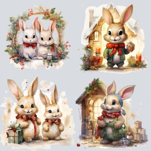 Christmas Bunny Clipart, Watercolor Christmas Rabbit PNG, Christmas ...