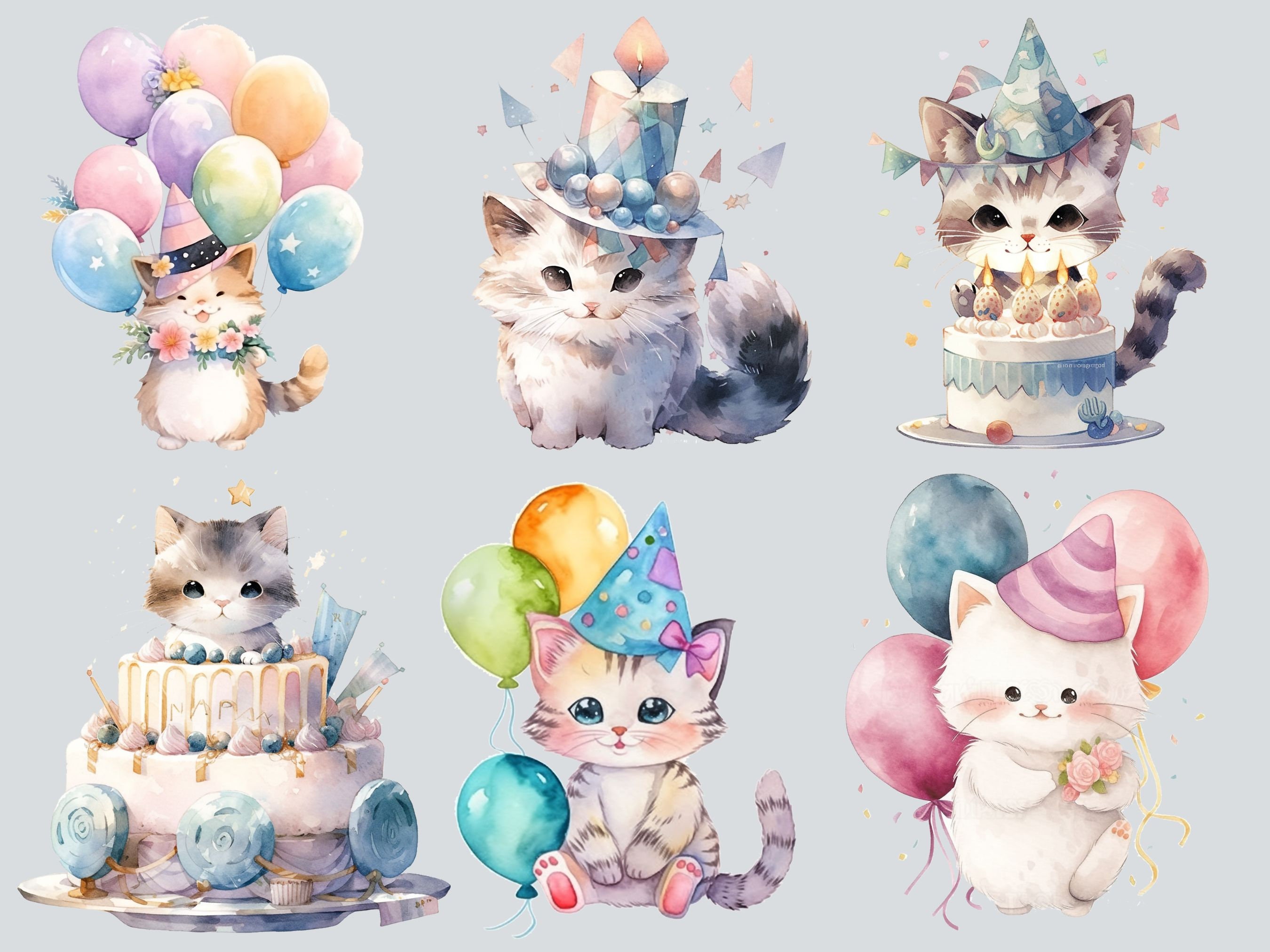 50 Watercolor Cat Clipart Bundle Birthday Cat PNG Cute Kitten - Etsy
