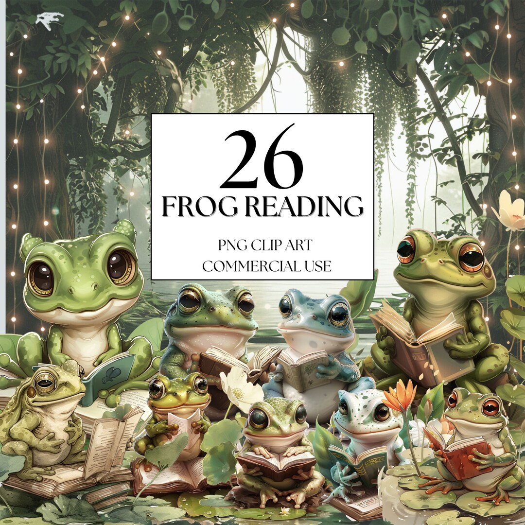 Frog Clipart, Enchanted Forest Clipart, Watercolor Frog Reading Clipart ...