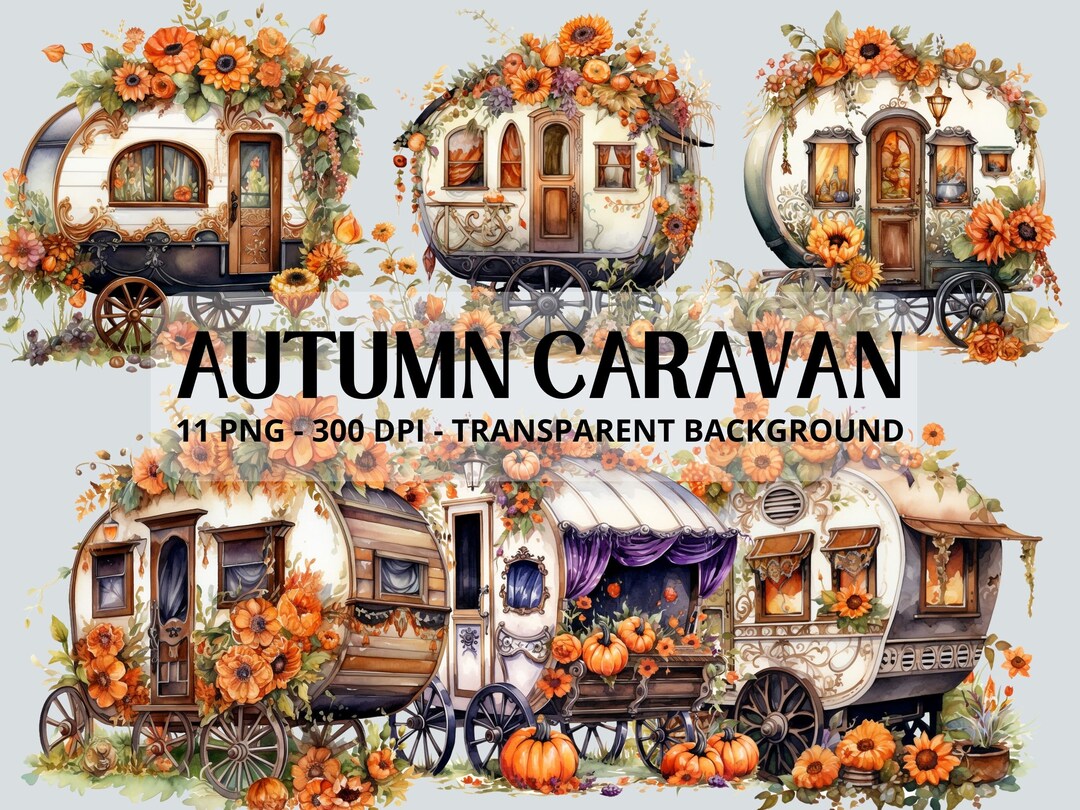 Autumn Caravan Watercolor Clipart, Halloween Caravan Clipart PNG ...