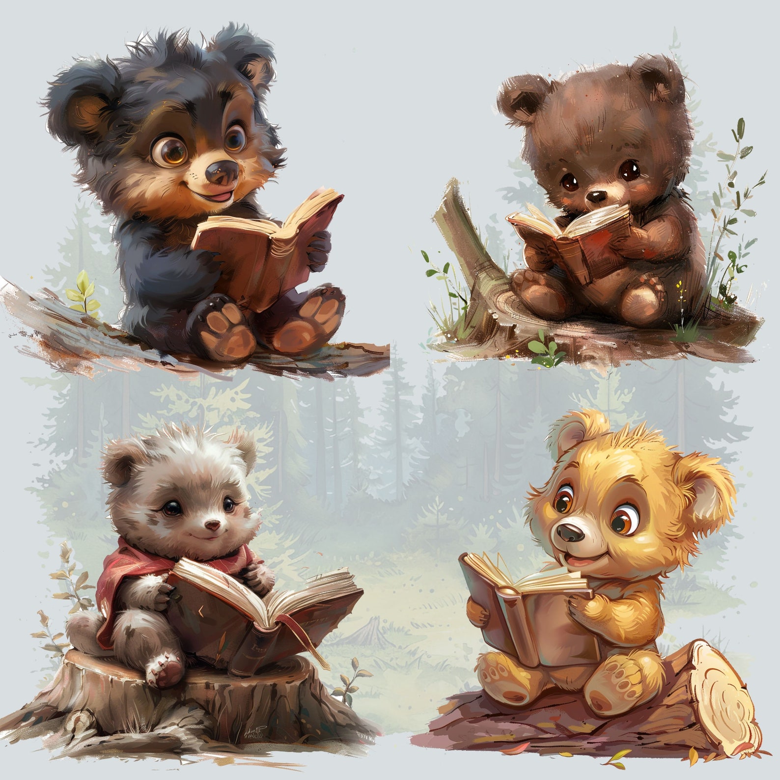 Book Lover Woodland Bear Clipart, Bear Reading, Woodland Animal Reading ...