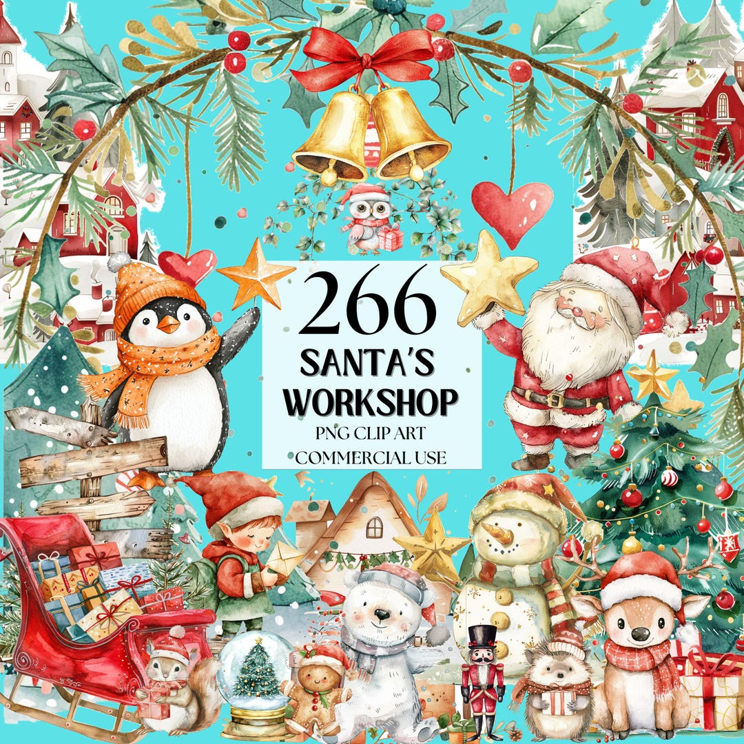 266 Santas Workshop Christmas Watercolor Clipart, 266 PNG, Winter ...