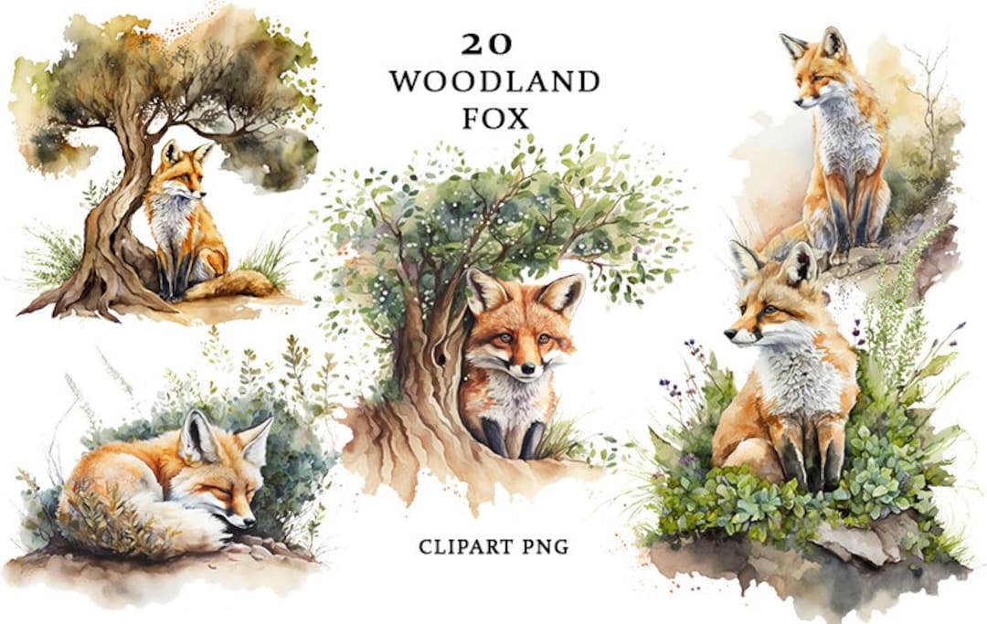 Woodland Fox Clipart Watercolor, Woodland Baby Animals Clipart ...