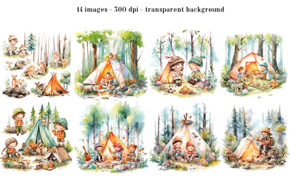 Kid Camping in the Woods Clipart Watercolor Kid Camping Clipart Camper ...
