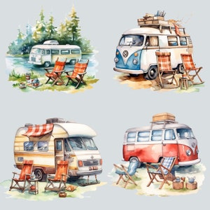Adventure Campers Clipart, Watercolor Cute Caravan PNG Digital Clip Art ...