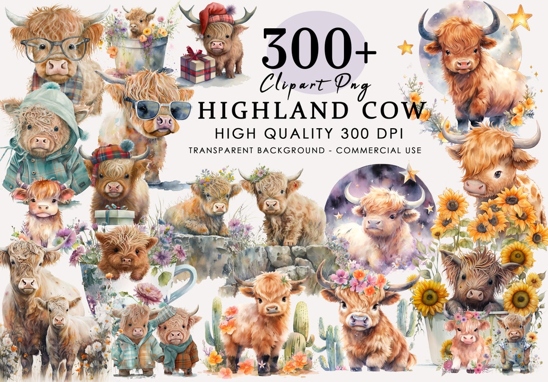 Highland Cow Collection, Watercolor Highland Cow Clipart, Baby Highland ...