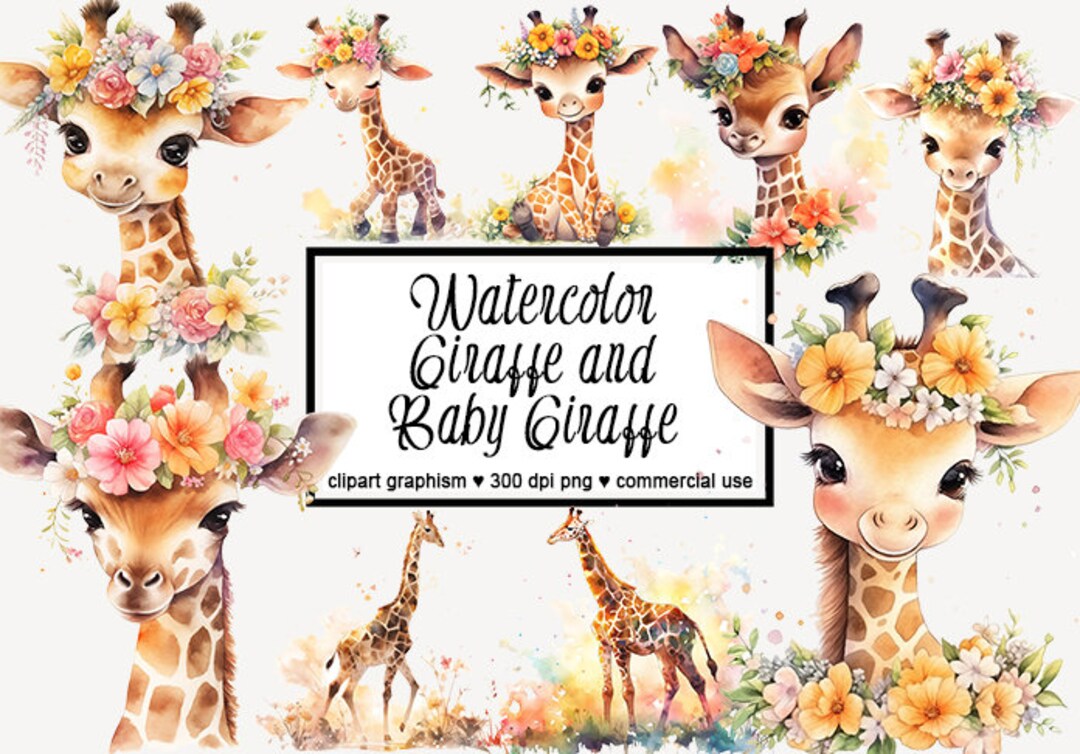 Giraffe Clipart Baby Giraffe Clipart Watercolor Giraffe Clipart Floral ...