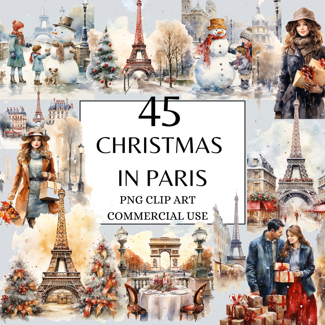 Christmas in Paris Clipart, Winter Paris Clipart, Watercolor Christmas ...