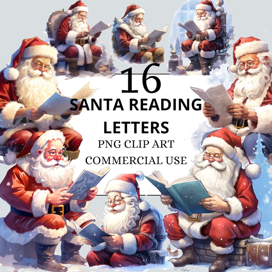 Santa Reading Letters Clipart Watercolor, Christmas Clipart Santa PNG ...