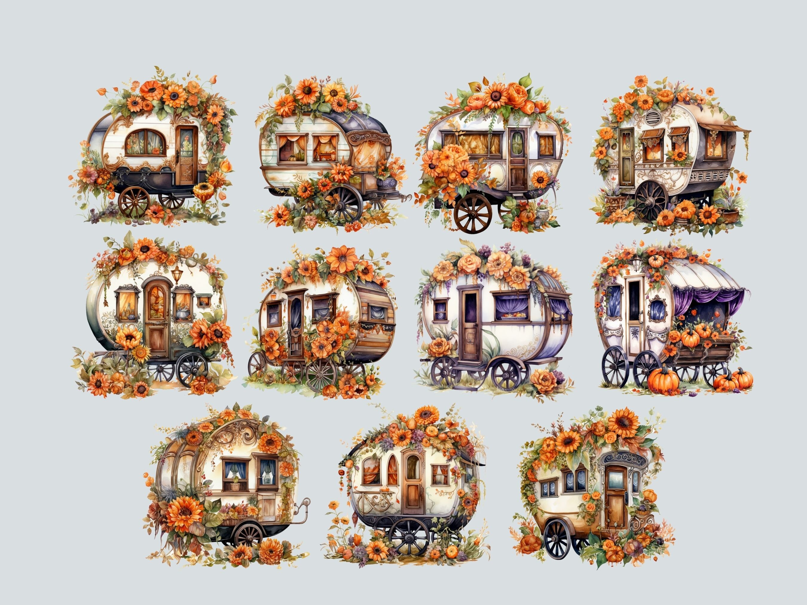Autumn Caravan Watercolor Clipart, Halloween Caravan Clipart PNG ...
