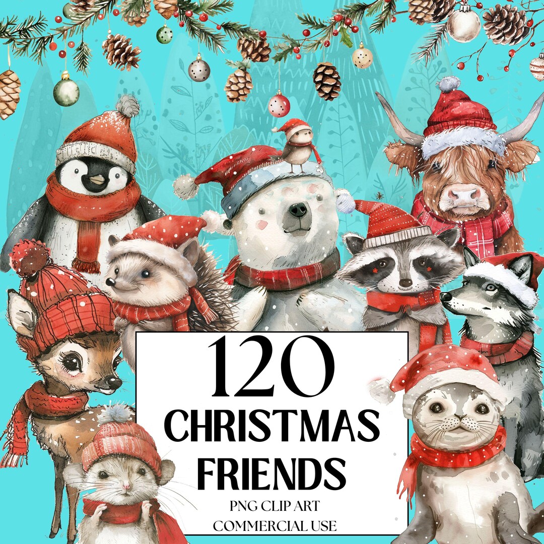 Polar Animals With Santa Hats Clipart - Festive Christmas Woodland ...