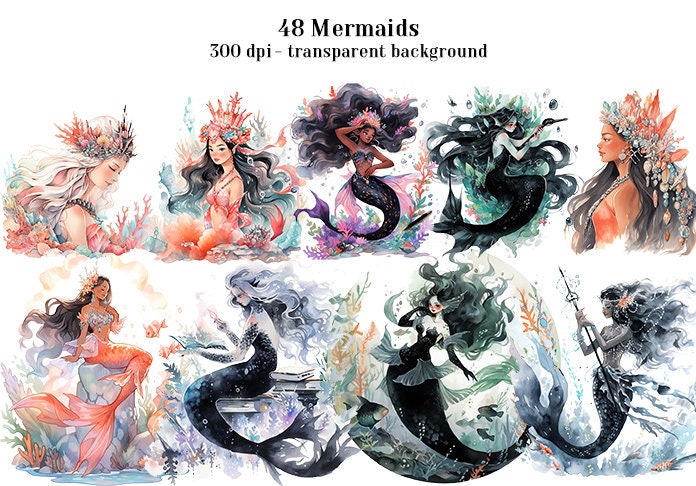 Mermaid Watercolor Clipart 48 Magical Enchanting Fairy Illustrations ...