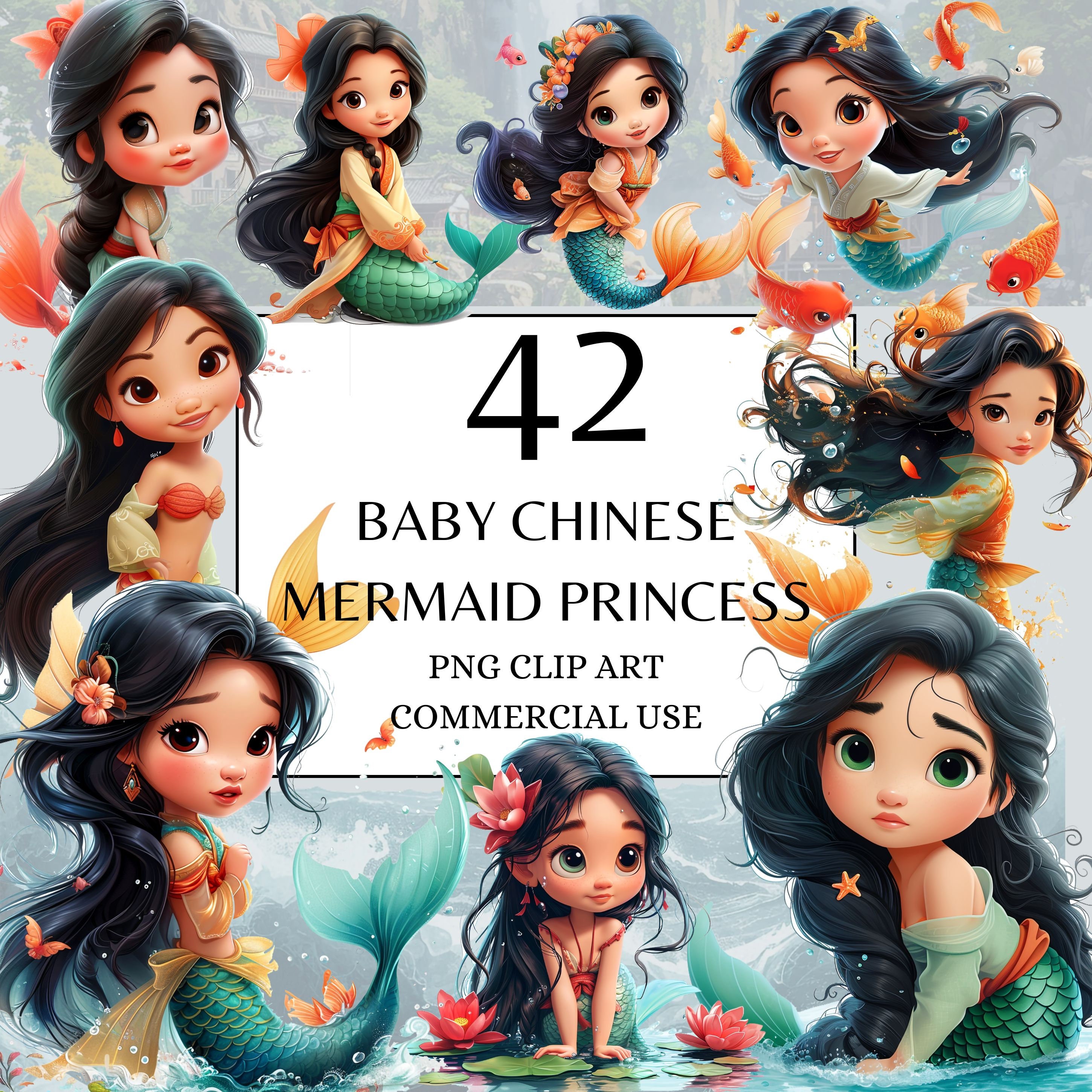 Baby Mermaid Clipart, Chinese Princess Clipart, Fantasy Fairytale ...