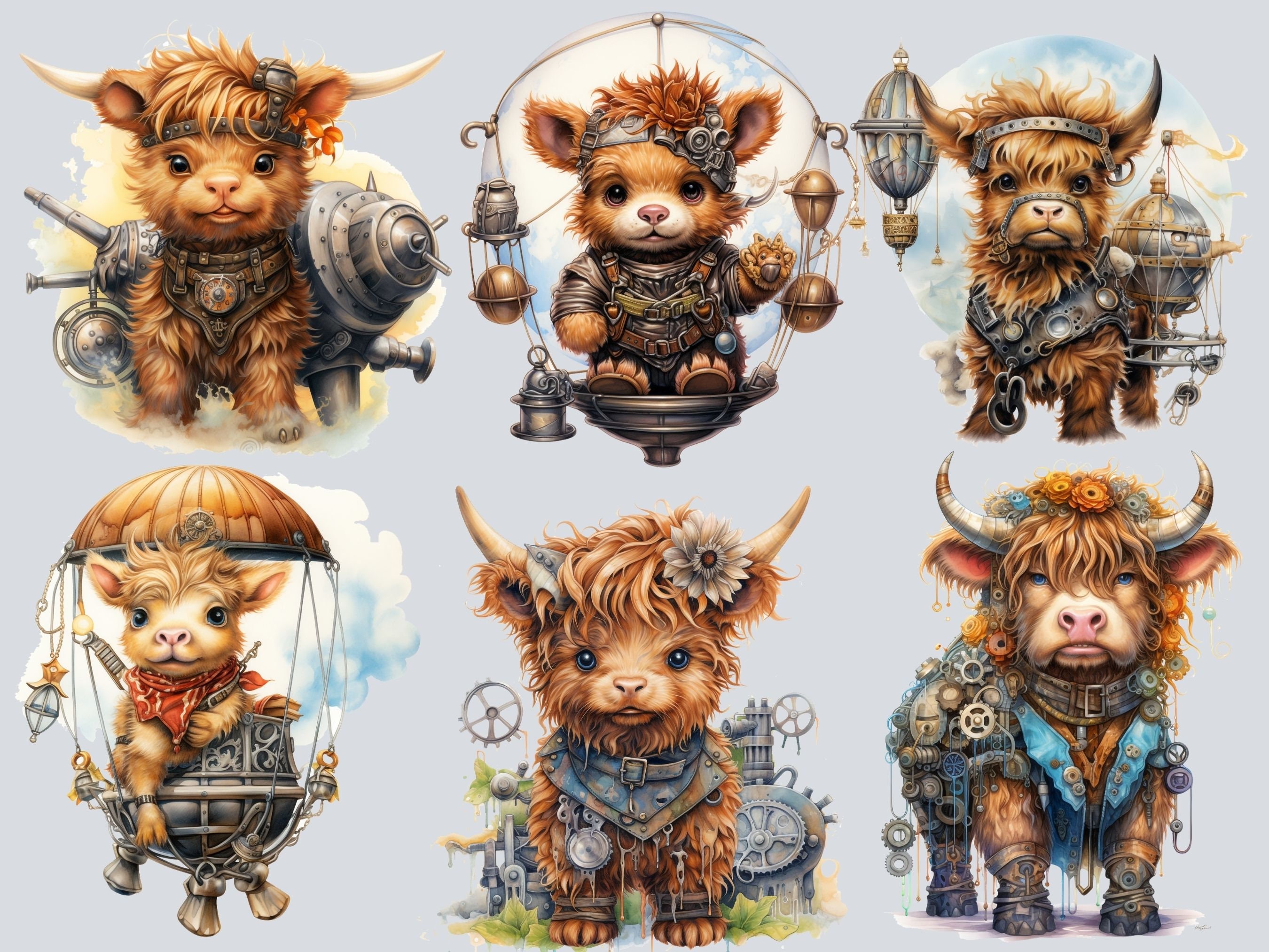 Steampunk Highland Cow Bundle, PNG Steampunk Cliparts, Junk Journal ...