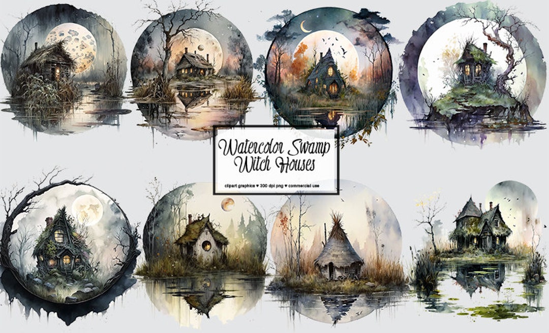 Watercolor Swamp Witch House Clipart, Fall Witch Cottage PNG Instant ...