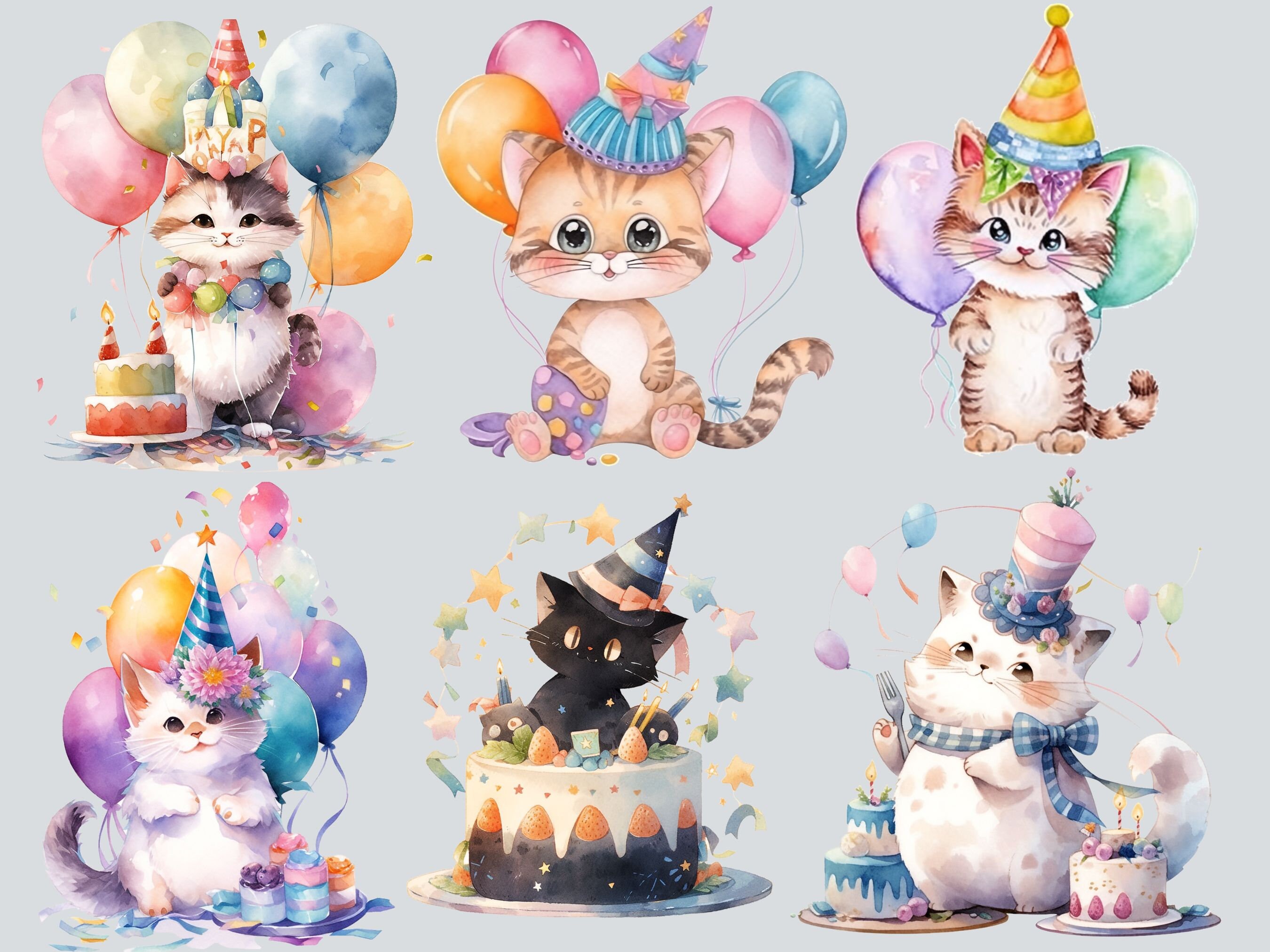 50 Watercolor Cat Clipart Bundle Birthday Cat PNG Cute Kitten, Party ...