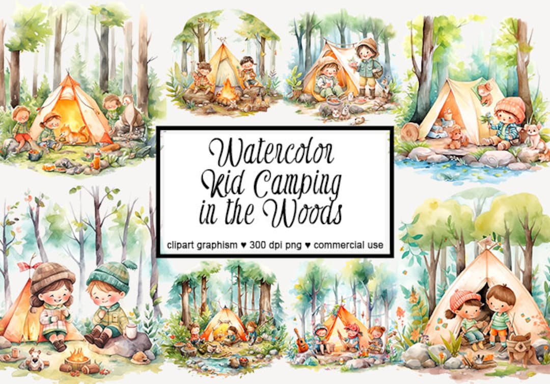 Kid Camping in the Woods Clipart Watercolor Kid Camping Clipart Camper ...