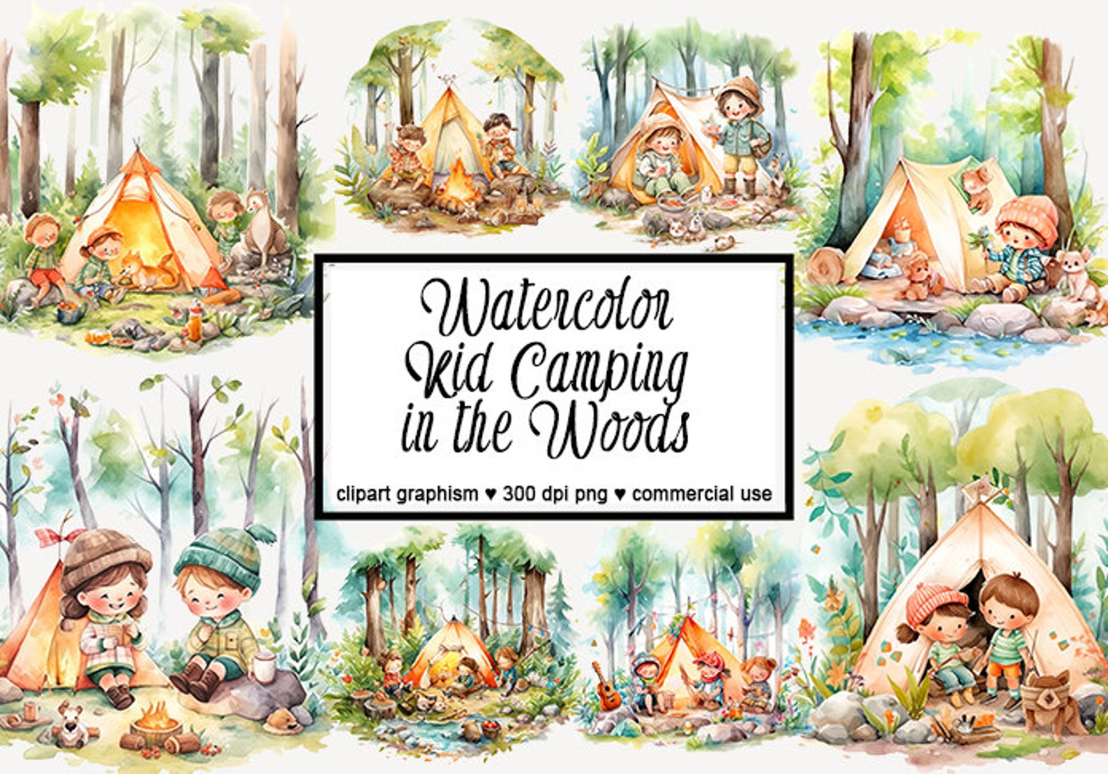 Kid Camping in the Woods Clipart Watercolor Kid Camping Clipart Camper ...