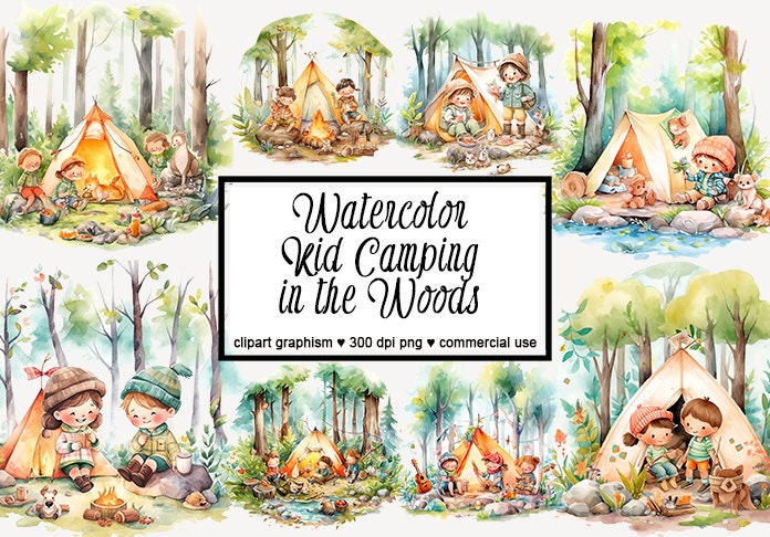 Kid Camping in the Woods Clipart Watercolor Kid Camping - Etsy