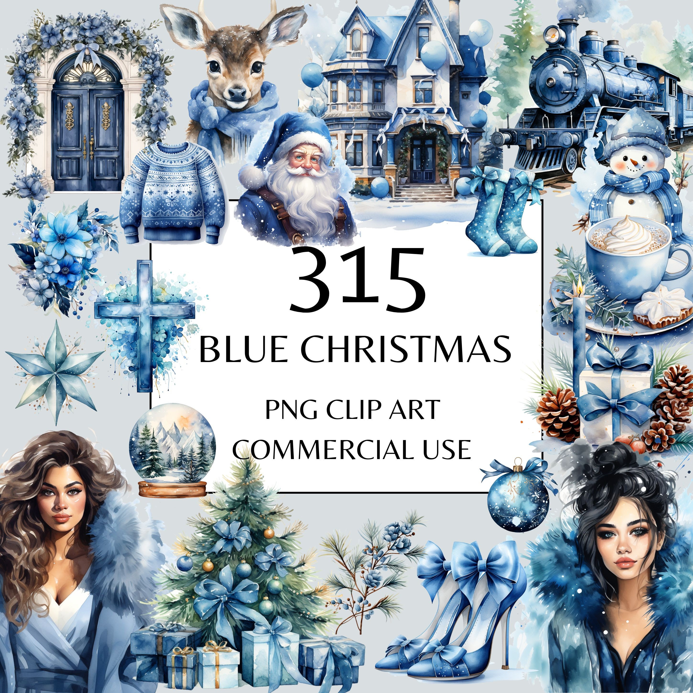 Blue Christmas Digital Clipart Pack - Blue and White Watercolor ...