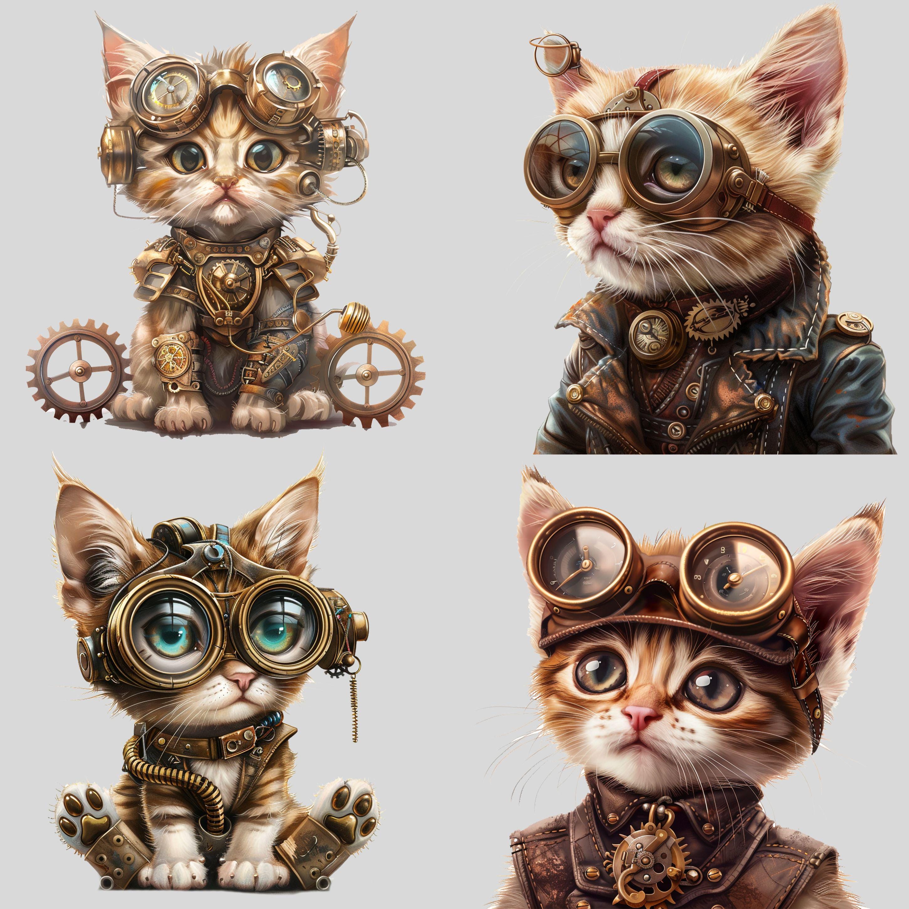 Steampunk Cats Watercolor Clipart Bundle - 44 PNG Mechanical Cat Images ...