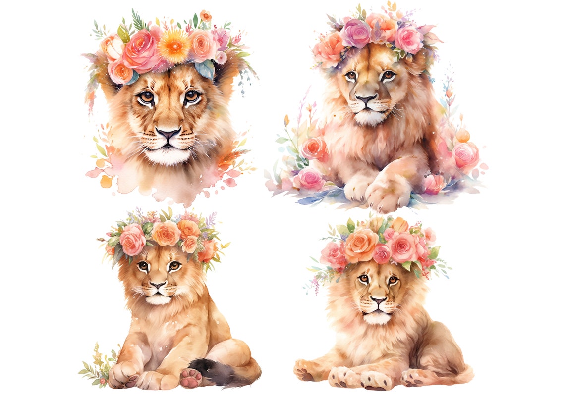Lion Clipart Watercolor Baby Lion Clipart Flowers Lion Clipart - Etsy