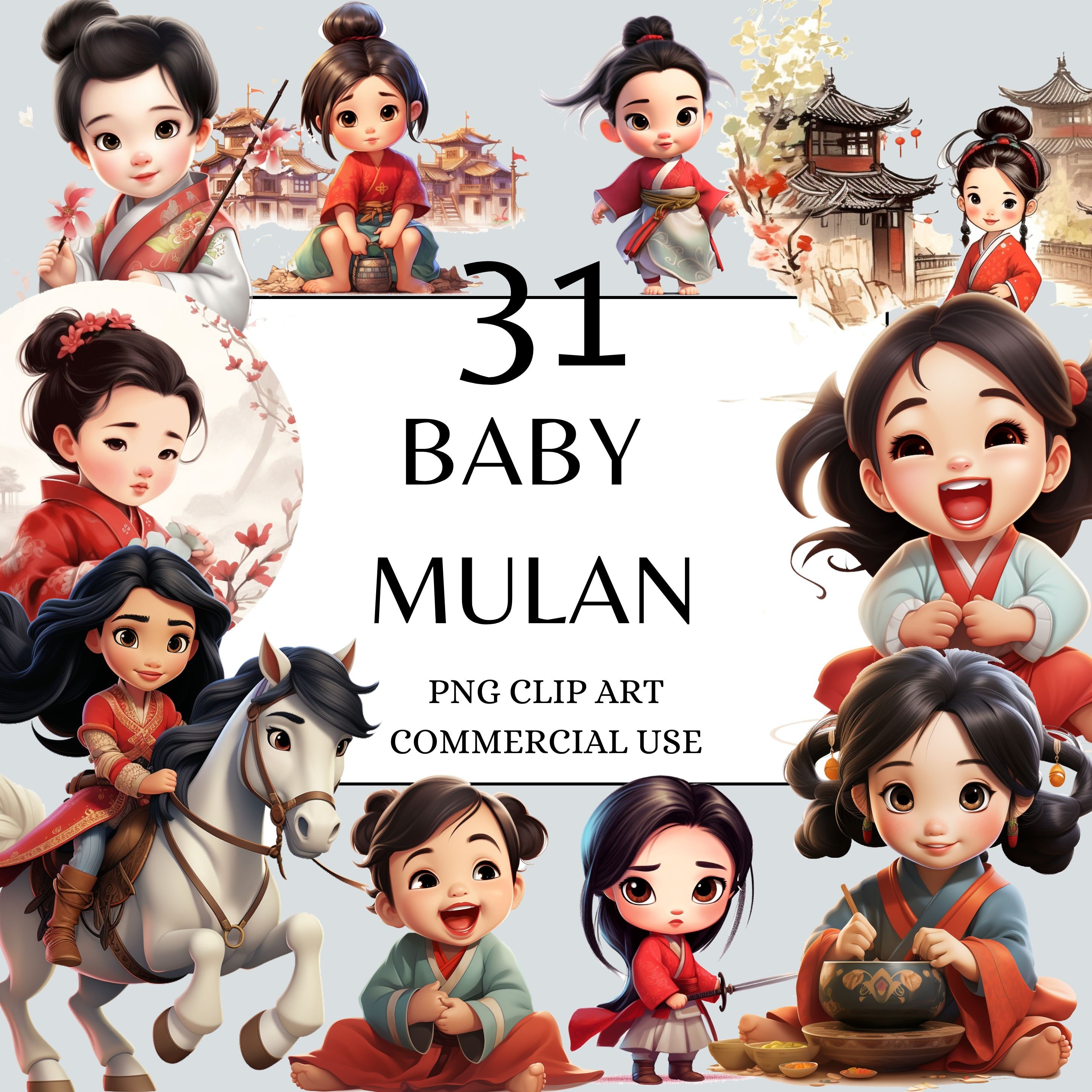 Paquete de imágenes prediseñadas de la princesa bebé Mulan, imágenes prediseñadas PNG con ...