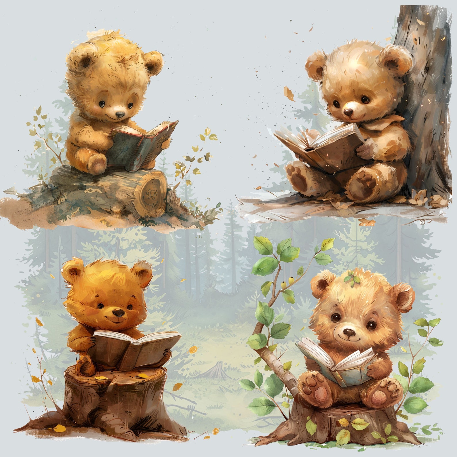 Book Lover Woodland Bear Clipart, Bear Reading, Woodland Animal Reading ...