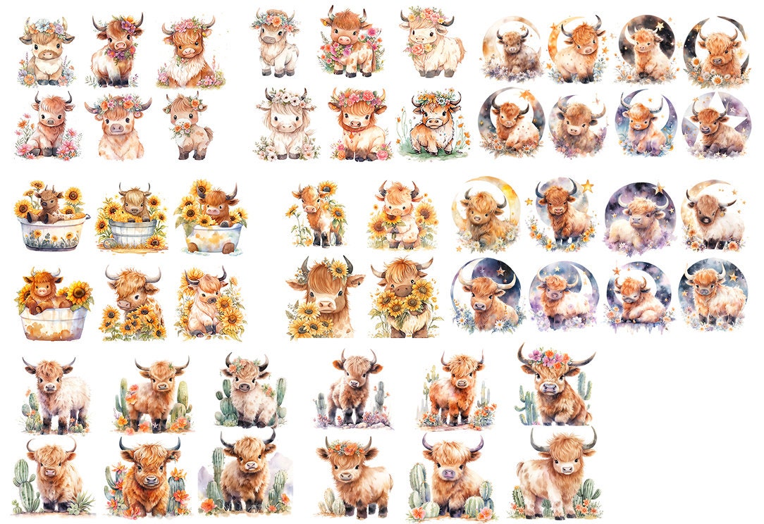Highland Cow Collection, Watercolor Highland Cow Clipart, Baby Highland ...