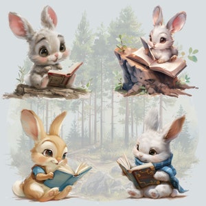Woodland Rabbit Clipart, Enchanted Forest Clipart, Baby Rabbit Reading ...