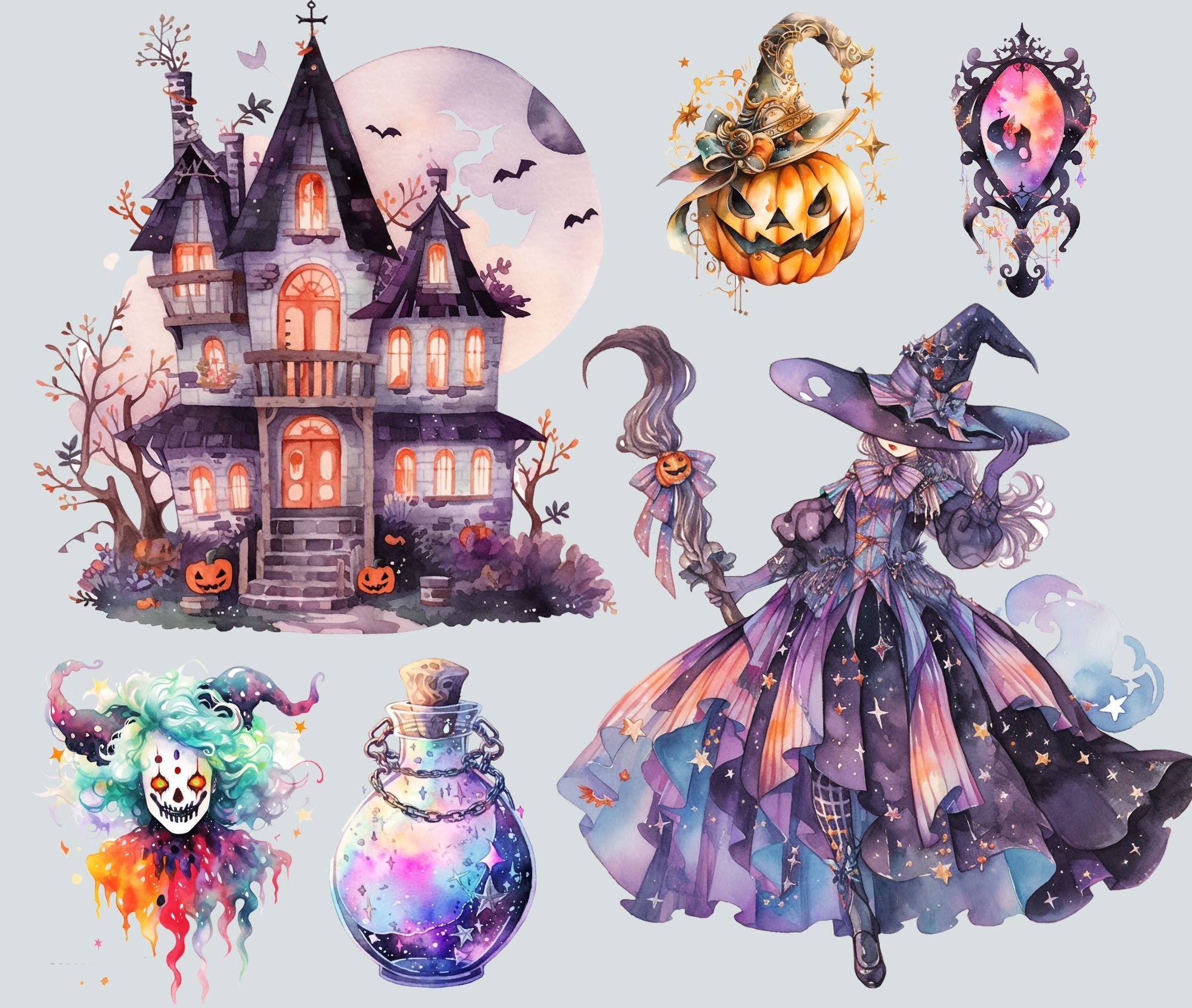 Cute Halloween Clipart Pack, Spooky Clipart PNG, Mummy, Witch ...