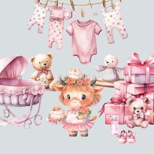 Highland Cow Baby Shower, Watercolor Clipart,pink Baby Shower, Newborn ...