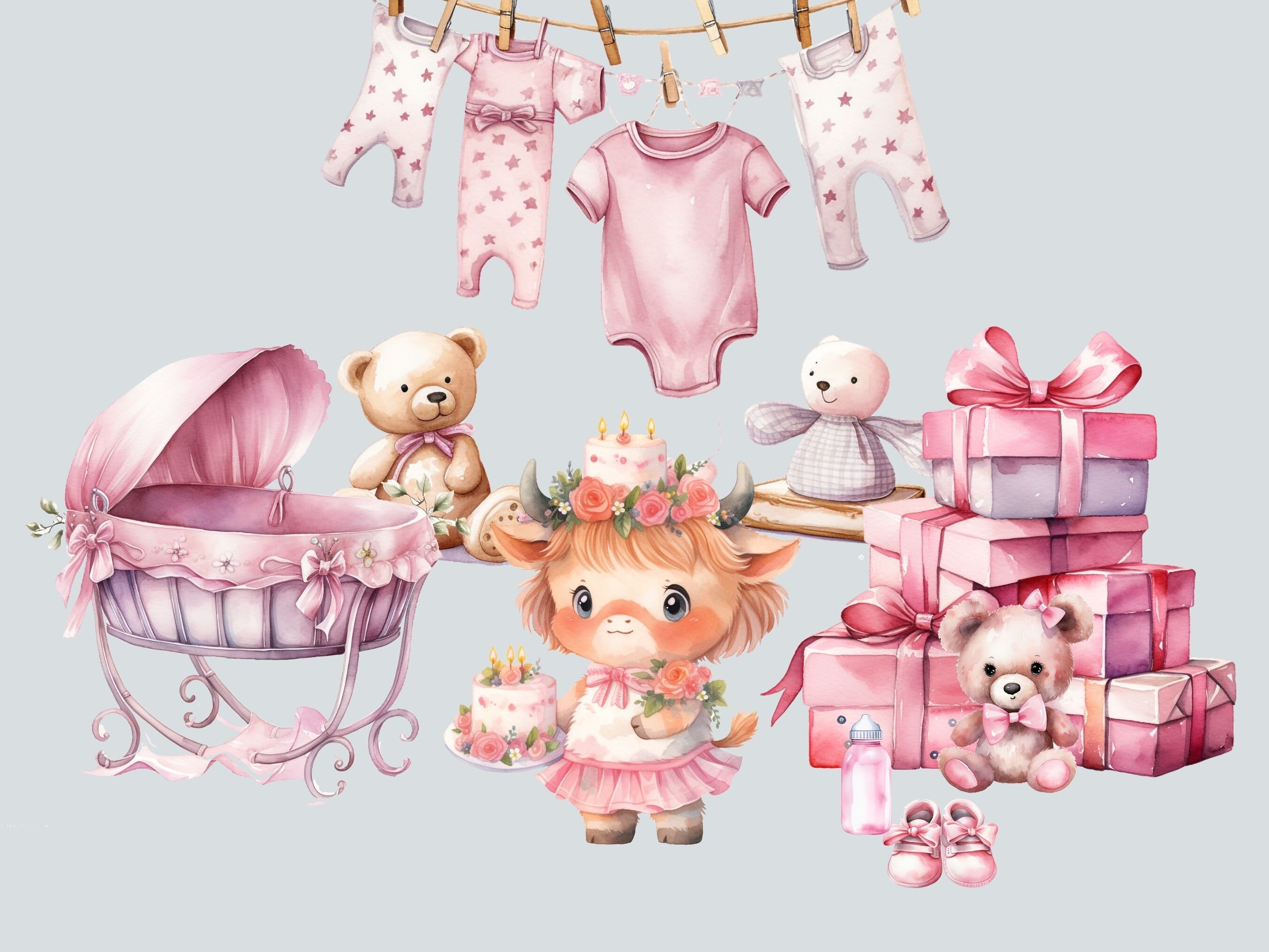 Highland Cow Baby Shower Watercolor Clipartpink Baby Shower - Etsy