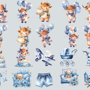 Highland Cow Baby Shower, Watercolor Clipart, Blue Baby Shower, Newborn ...