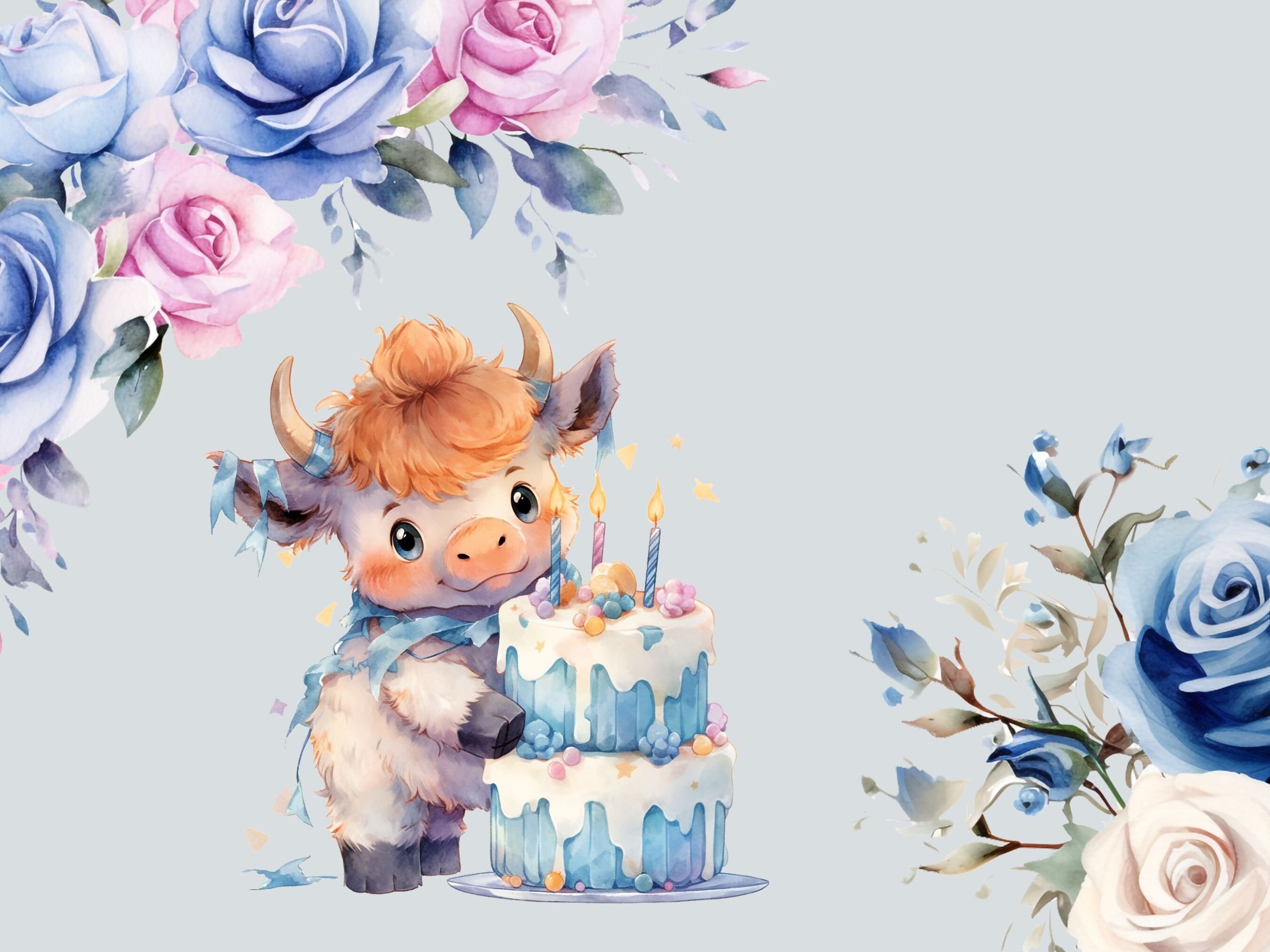 Highland Cow Baby Shower, Watercolor Clipart, Blue Baby Shower, Newborn ...