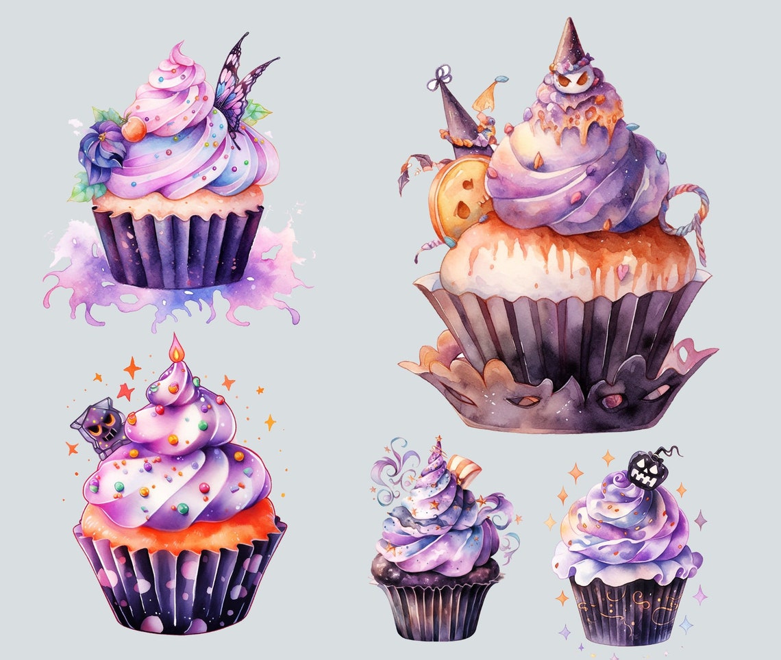 Halloween Cupcake Clipart Pumpkin Cupcake Watercolor Clipart Skull ...
