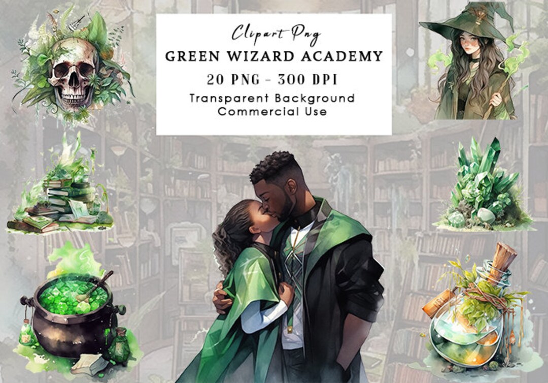 Green Wizard Academia Watercolor Clipart, 20 PNG Printable Witchcraft ...