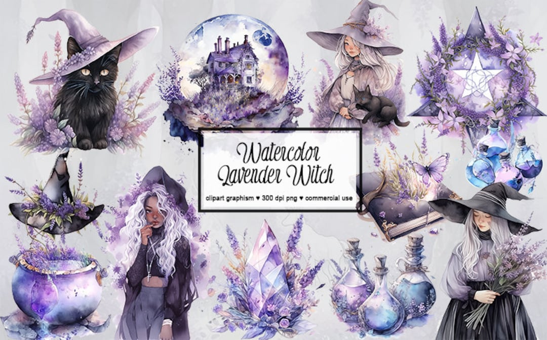Lavender Witch Watercolor Clipart, Magical Clipart, Witchcraft Bundle ...