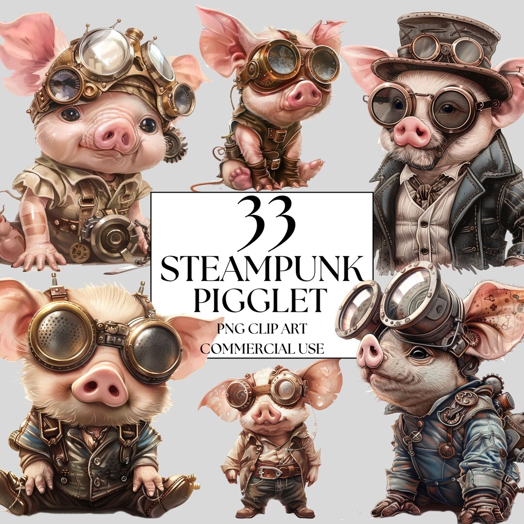 Steampunk Pigs Watercolor Clipart Bundle - 34 PNG Mechanical Pigglet ...