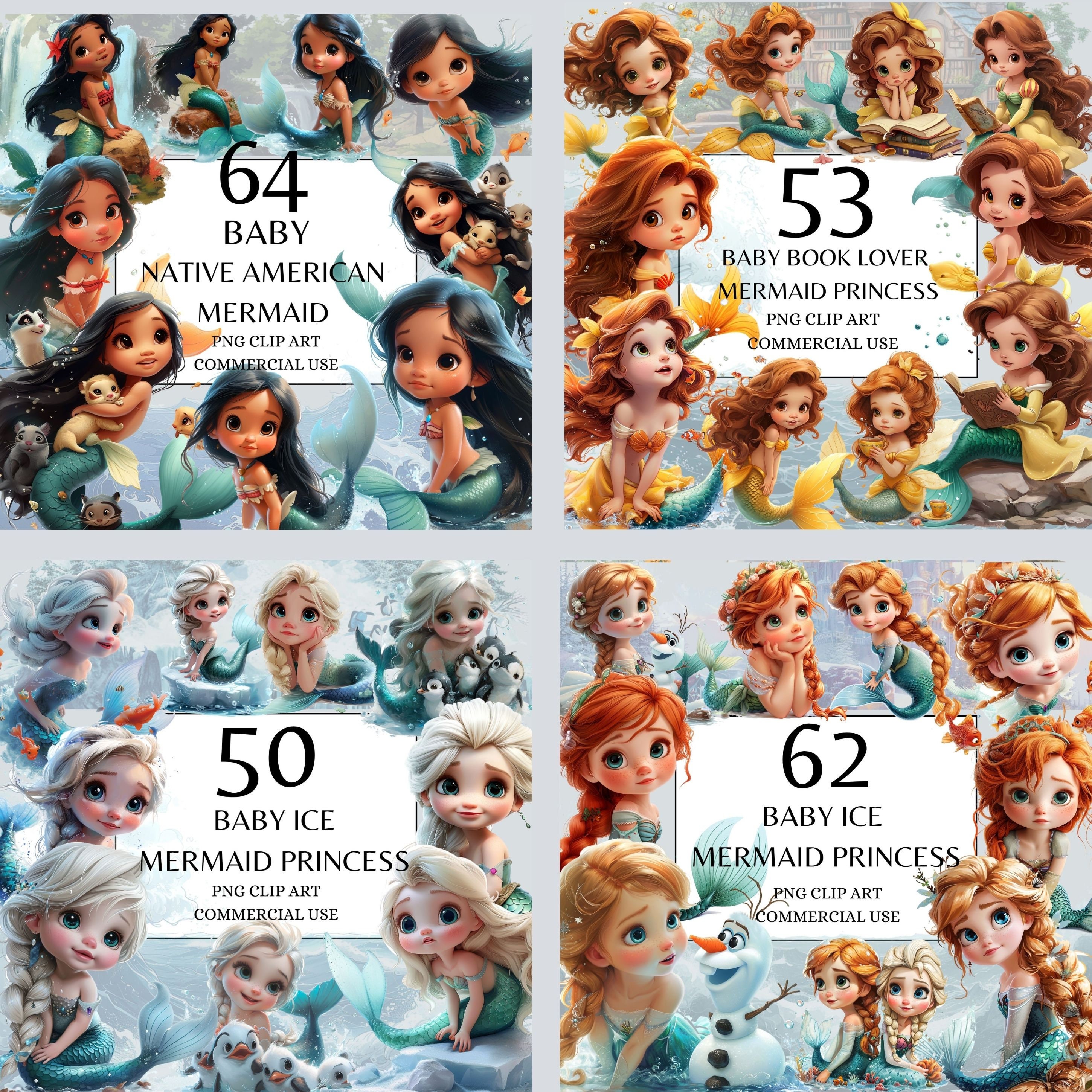 Baby Mermaid Princess Clipart Megapack of 520+ PNG, Watercolor ...