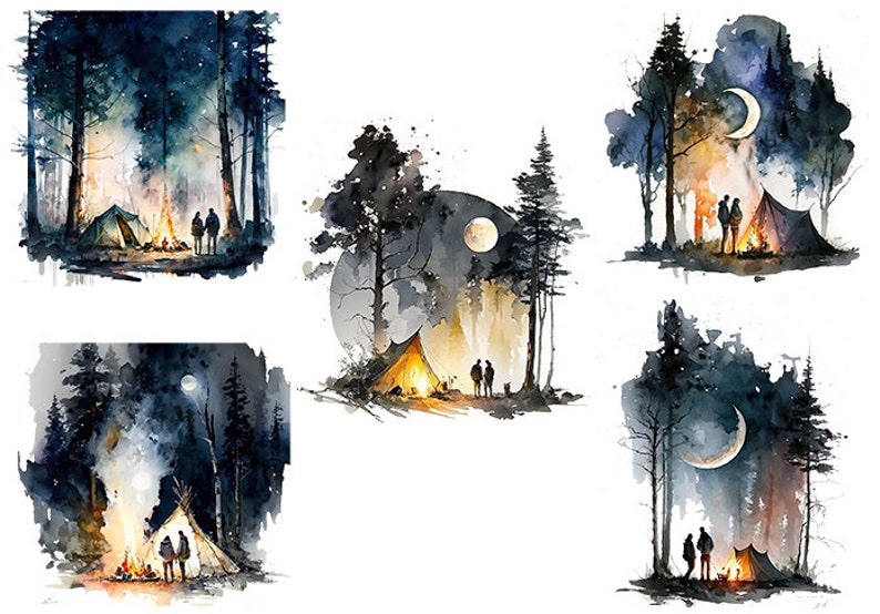 Watercolor Camping at Night Clipart Camping Clipart Forest - Etsy