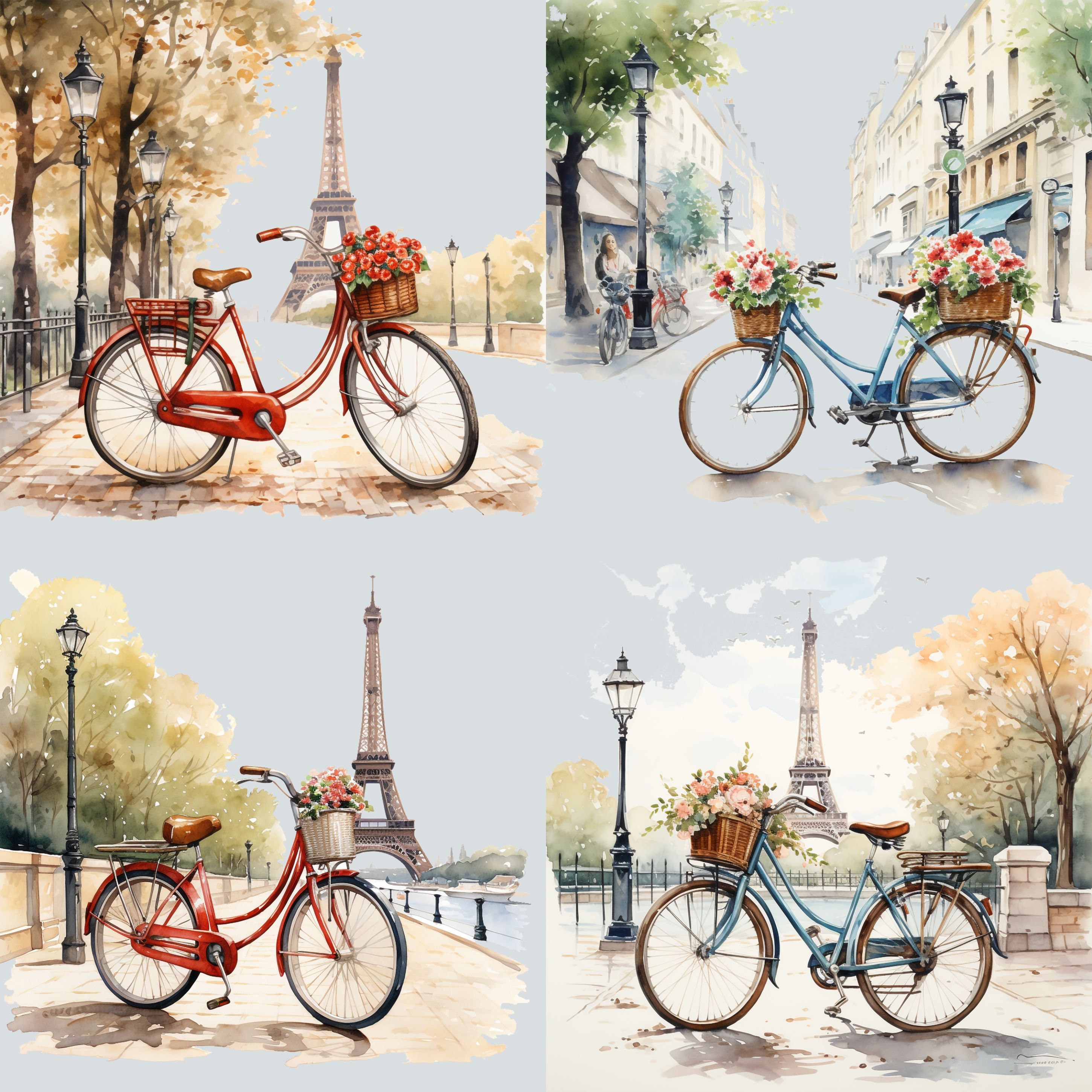 Cute Paris Bike Clipart, PNG Watercolor Bike Tour Clipart, French ...