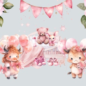 Highland Cow Baby Shower, Watercolor Clipart,pink Baby Shower, Newborn ...